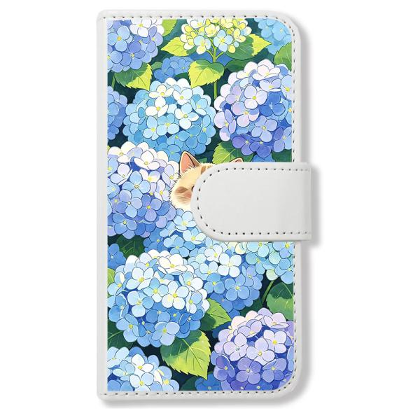 ●商品説明●【商品名】iPhone15 Pro Max 2023? 手帳型(ホワイトｘ猫と紫陽花)猫 紫陽花 かわいい イラスト 花柄 アジサイ 韓国 おしゃれ ダイアリータイプ 横開き カード収納 フリップ カバー【対応機種】iPhone...