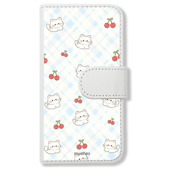 ●商品説明●【商品名】iPhone15 Pro Max 2023? 手帳型(ホワイトｘ猫とチェック柄) ねこ 白猫 さくらんぼ チェック柄 爽やか おしゃれ かわいい 韓国 ダイアリータイプ 横開き カード収納 フリップ カバー【対応機種】...