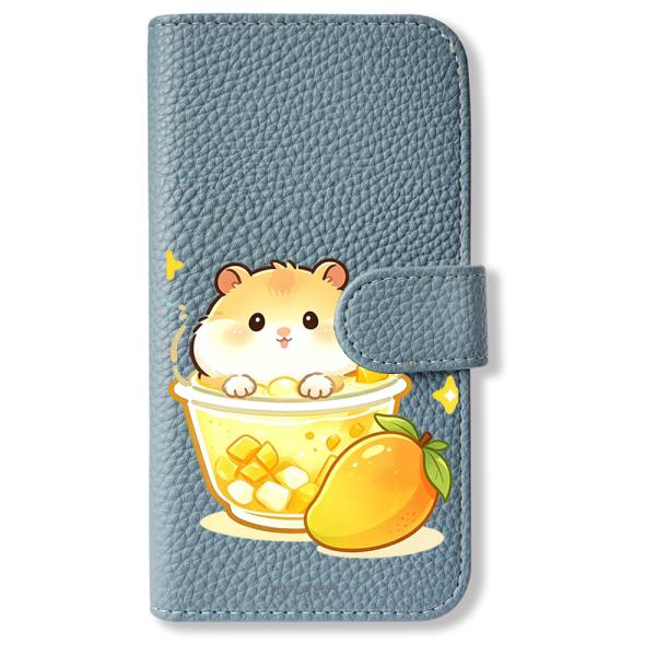 ●商品説明●【商品名】OPPO Find X2 Pro OPG01 手帳型(ブルーグレーｘハムスターとマンゴー) ハムスター イラスト 可愛い マンゴー ティーカップ 癒やし ゆるかわ ダイアリータイプ 横開き カード収納 フリップ カバー...