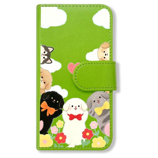 ●商品説明●【商品名】Galaxy S21 Plus 5G SCG10 手帳型(グリーンｘワンちゃん達)犬 仲間たち イラスト 青空 花 ハート 可愛い おしゃれ ダイアリータイプ 横開き カード収納 フリップ カバー【対応機種】Galax...