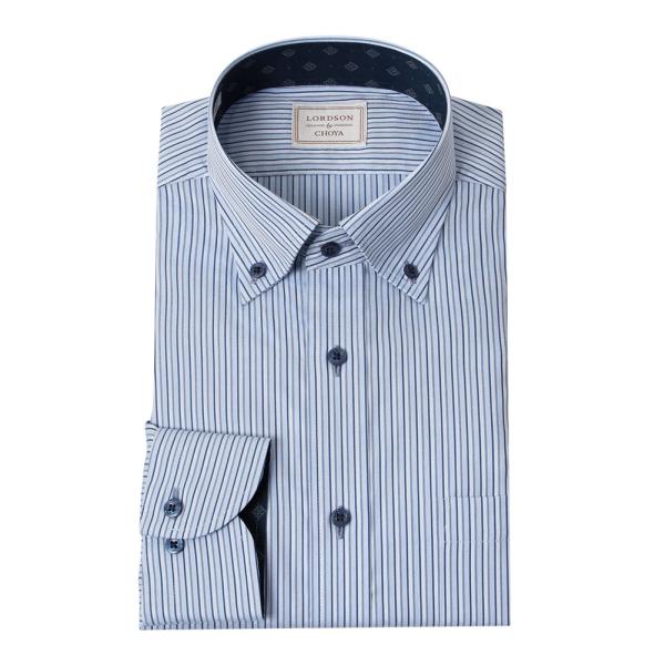 LORDSON by CHOYA綿100％ 形態安定ドレスシャツ（標準体）シャツ一枚でもきまる個性的なオルタネイトストライプのシャツ。衿裏、カフス裏の別地仕様や、釦付け糸にもブルー系を用いて、統一化のあるデザインとなっております。衿型は、ノ...