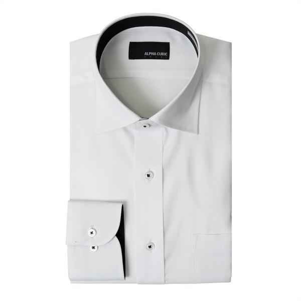 ホワイトドビー（ストライプ柄）のワイドカラーシャツです。扱いやすい白ワイシャツは、ビジネスマンの心強い味方！どんなスーツとも相性抜群なので、忙しい朝にパッと着ても格好良く決まります♪衿裏やカフス裏には別布を用いて、ノーネクタイでのご着用にも...