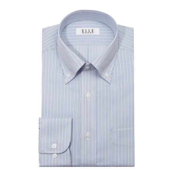 ELLE HOMMEブルーストライプ　 ドレスシャツシャツ1枚できまるストライプ。ブルーの色味が爽やかな印象を与えます。衿はボタンダウンですので、ネクタイありなし両方お楽しみ頂けます。大きめシルエットで、ゆったりと着たい方や締め付け感が気に...