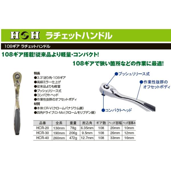 H&H ラチェットハンドル 1/4 108ギア 6.35mm HCR-20 ソケットハンドル 軽量 コンパクト 小型 ラチェットレンチ ...