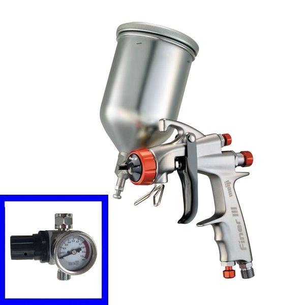 【セット内容】スプレーガン：FINERIII塗料カップ：4GF-U(内容量：450ml、脚付フリーアングル)小型手元圧力計：MAR・FINERII PLUSの特徴を引き継ぎ、タッチアップからブロック塗装、さらにぼかしまで可能な広い調整範囲を...