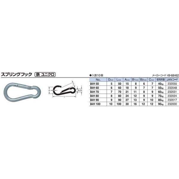 ●メーカー名：ニッサチェイン / nissa chain●商品名：鉄 ucスプリングフック 6mmメーカー品番：IAH60JANコード：4968462232048■D：6mm■L：60mm■A：18mm■B1：9mm■B2：7mm■C：7m...