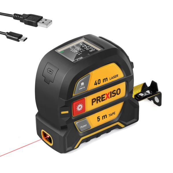 【高精度測定】レーザーの測定範囲は0.35〜40mで、精度は±0.03mです。レーザークラス：クラス2。波長：620-690nm。光出力：1mW以下。テープ測定範囲は5mです。サイズ：89*85*43mm。重量：0.37kg【１台多役＆多機...