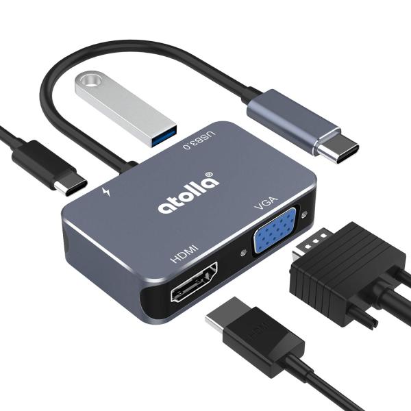 【多機能 USB-C HDMI VGA アダプター】プラグアンドプレイで簡単に使用できるこの atolla アダプターは、USB-C ポートを 4K HDMI ポート / 1080p VGA ポート / USB 3.0 SuperSpeed...