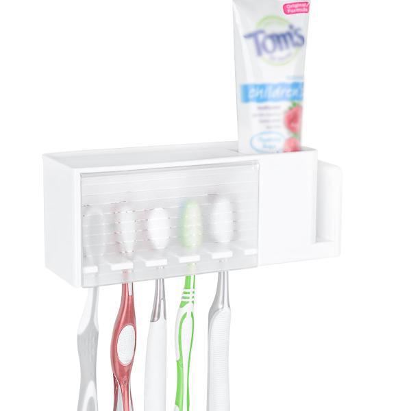 ABS製の粘着式歯ブラシホルダー、穴あけ不要、取り付け簡単。逆さまのマウスウォッシュカップ、助長的な収納と排水を備えた多機能歯ブラシホルダー。歯ブラシオーガナイザーの3イン1セットは、小さなカウンタースペース、バスルームのトイレタリー収納に...