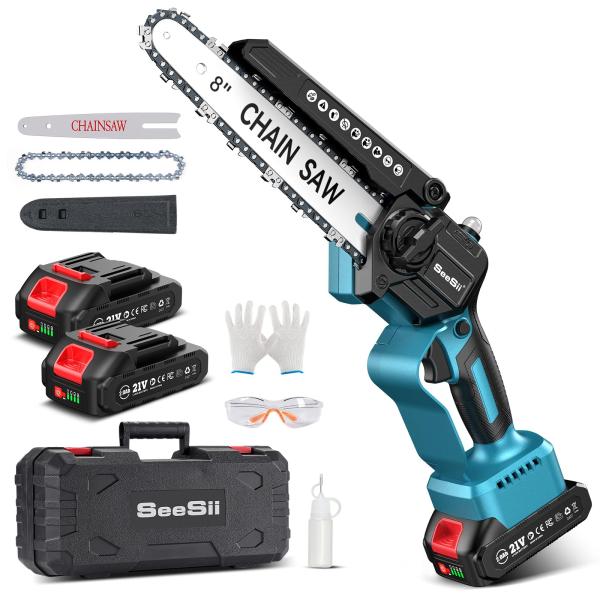 【6、8インチ両用コードレスチェーンソー】本体重量はわずか 1kg！2 セットのガイドバーとソーチェーン（6 インチ＋8 インチ）を搭載し、強力な切断性能を発揮し、切断径は 15〜20cm にも達します！大容量 2000mAh バッテリーを...