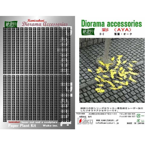 ラッカー系まだら塗装を施した薄紙を加工しました。葉脈もしっかりと表現されています。切離しは簡単です。■キット内容：葉1056枚■材質：薄紙、彩色済み■メーカー：和巧検索ワード：ペーパークラフト、レーザーカット、ストラクチャー