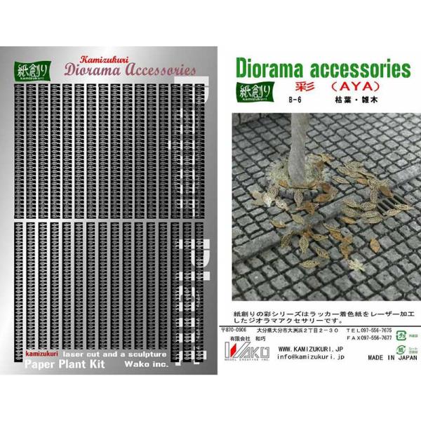 ラッカー系まだら塗装を施した薄紙を加工しました。葉脈もしっかりと表現されています。切離しは簡単です。■キット内容：葉1056枚■材質：薄紙、彩色済み■メーカー：和巧検索ワード：ペーパークラフト、レーザーカット、ストラクチャー