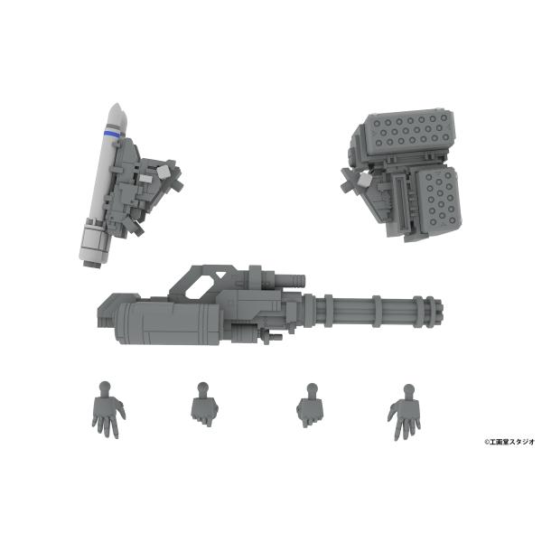 DRu35 MLC、R25ロケット、M7Aガトリング砲、平手(左右)、にぎり手(左右)のセットとなります。肩武装の取り付けは3mm軸を採用し、取り付け・取り外し・左右反転が簡単に行えます。手持ち武装は5inM共通規格となっており他作品のキッ...