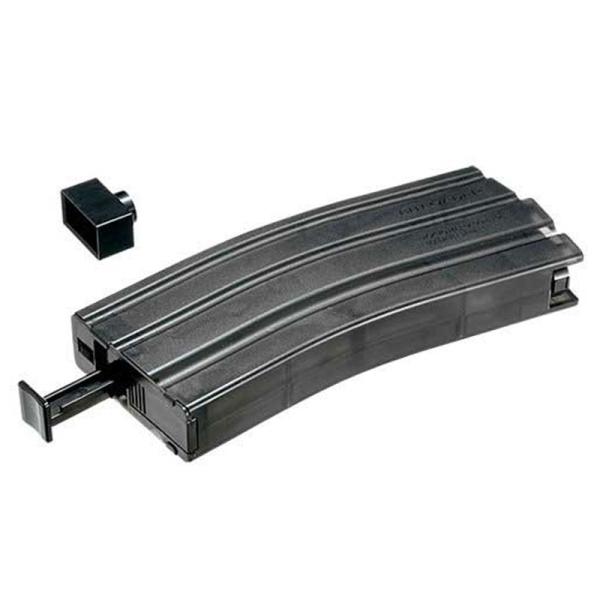 マガジンへ1度に4発のBB弾を給弾できるローダーです。東京マルイ製トイガンの全マガジンに対応しています。マガジンポーチにすっぽりおさまるM16マガジンサイズです。スケルトンボディで残弾の確認も容易に出来ます。■電動ハンドガン用アダプター付属...