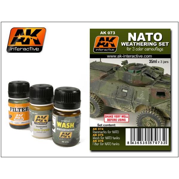 NATO迷彩（ブラウン・グリーン・ブラック）の車両に最適なウェザリングエフェクトセットです。フィルター・ウォッシュ・レインマークを組み合わせることで、色調変化や汚れの流れ、使用感をリアルに再現可能。これ1セットで基本的なウェザリング工程を効...