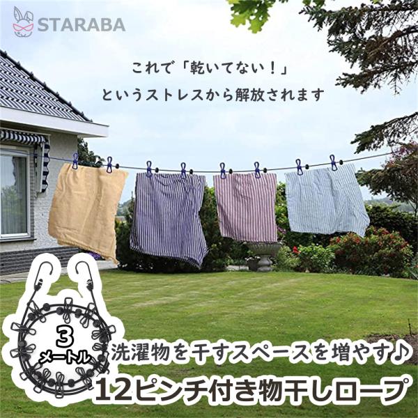 物干しロープ 物干し用ロープ ピンチがついて便利！ 洗濯ピンチ付きロープ 300cm 便利 部屋干し 軽い 太陽光を有効利用 簡易設置 使い勝手 簡単収納 送料無料