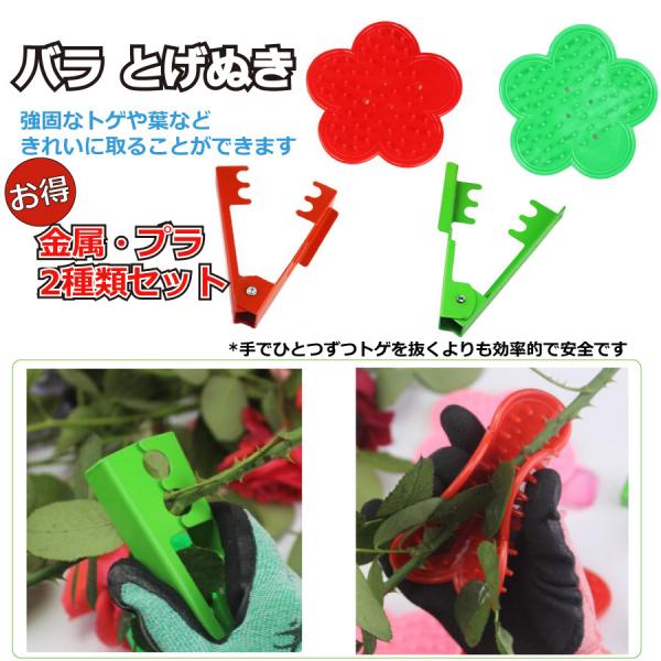 金属製のソーンストリッパーとプラスチック製のトゲ取りです。プラ製のトゲ抜きでバラの茎を挟み込み、茎を勢いよく引っ張ることで簡単にトゲや葉を取ることができます。それだけでは取れない強固なトゲや葉などはソーンストリッパーで茎を挟み込み引っ張るこ...