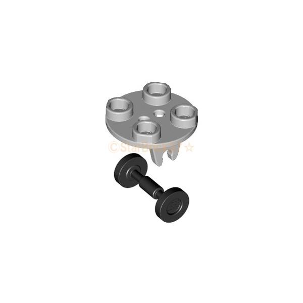 レゴ(LEGO)パーツばら売りのトロリーホイールに2×2丸ホイールホルダーが付いています。※トロリーホイール：ブラック※2×2丸ホイールホルダー：ライトブルーイッシュグレイ