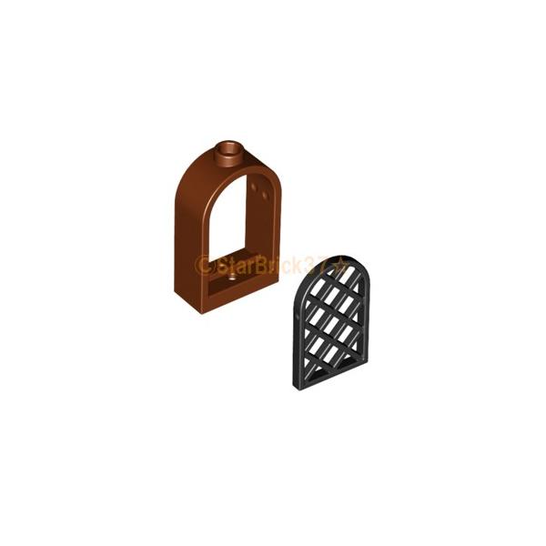 レゴ(LEGO)パーツばら売りのアーチ型窓枠1×2×2・2/3レディシュブラウンにアーチ型窓格子1×2×2・2/3ブラックが付いています。※アーチ型窓枠1×2×2・2/3：レディシュブラウン※アーチ型窓格子1×2×2・2/3：ブラック