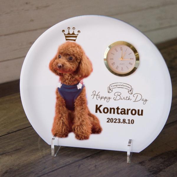 ペットの誕生日記念にアニバーサリー時計を作ります。アクリル製の丸い置き時計。小さな直径3.7cmの時計が付いています。写真とお名前、ご希望メッセージをアクリルベースに印刷します。ご注文後に写真を送付するだけ、簡単にオーダー出来ます。※ Ha...
