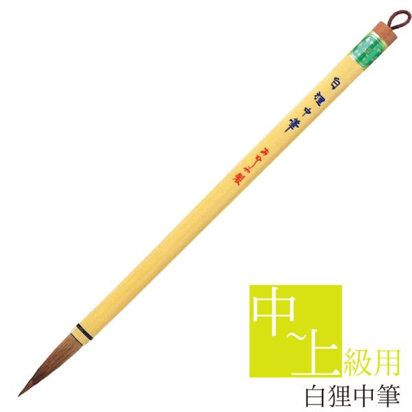 商品名：白狸中筆（しろだぬきちゅうひつ）商品サイズ：　9径×225mm外装サイズ：　30×260×10mm重　量：　10g号　数：　6号穂の形状：　中鋒主原毛：　狸毛、イタチ毛、馬毛毛　色：　茶毛弾　力：　やや硬め適　性：　中〜上級用　途：...
