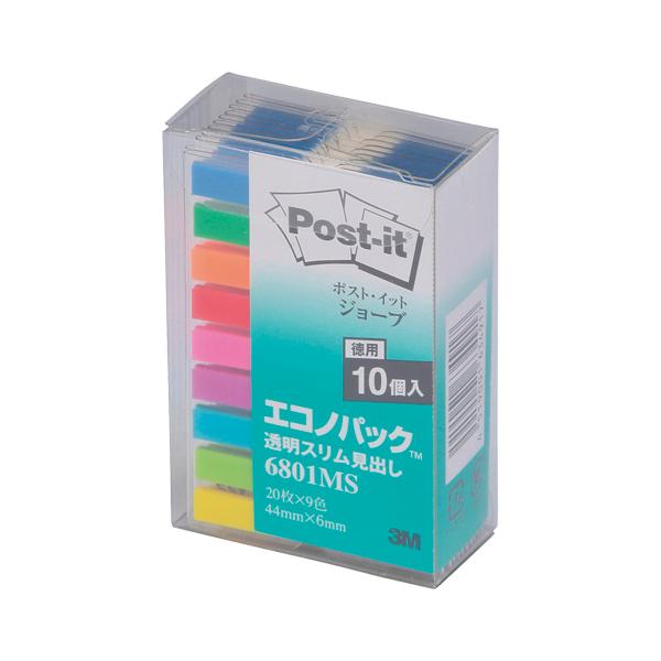 ポストイット透明スリム見出しエコノパック●１片寸法：縦４４×横６ｍｍ●１色枚数：２０枚●材質：再生ＰＥＴ