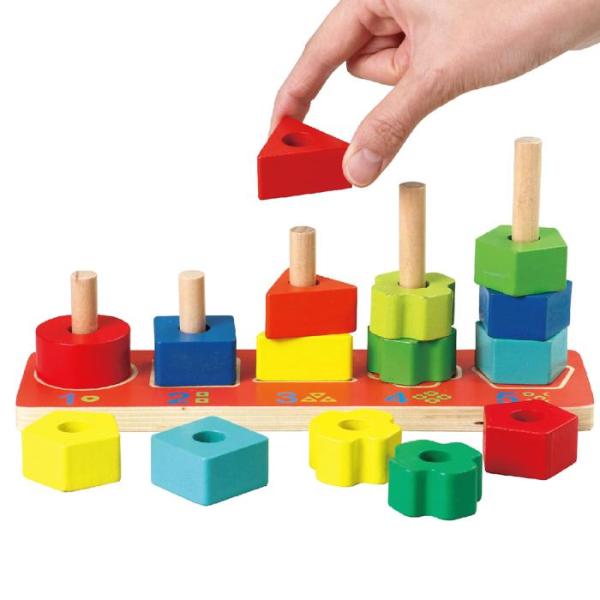 遊びながら形と数が覚えられる！商品サイズ台座：74×250×10ｍｍセット内容丸×1、四角形×2、三角形×3、十字×4、五角形×5、台座×1