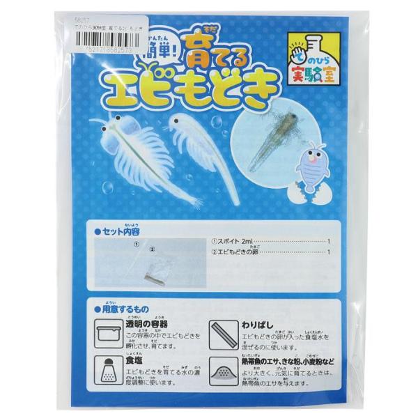 簡単に不思議な生き物が飼育できるキットです。商品サイズ120×150×10mmセット内容スポイト２ml×１、エビもどきの卵×１