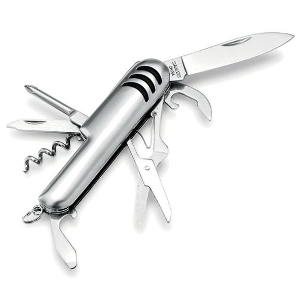 コンパクトなボディに9つの機能が収まったまさに万能ツール！ナイフ、缶切り、プラスドライバー、マイナスドライバー、やすり、コルク抜き、キーリング、栓抜き、はさみの9つの機能。商品サイズ90×25×15mmセット内容本体のみ