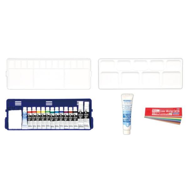 よく使うホワイトは20mlが2本入り！開閉が便利なスライドケース！30cm定規（別売）が収納できる！ 商品サイズ122×338×35ｍｍ（収納時）セット内容11色11mlチューブ 各1本＋ホワイト20mlチューブ2本　混色カード アクリルガ...