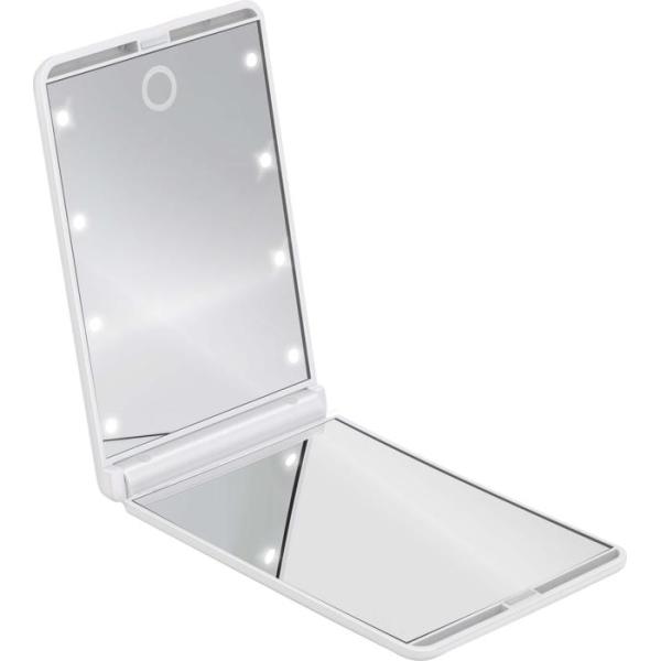 持ち運びに便利なLEDライト付きのコンパクトミラーです。タッチセンサーで、オンオフの切り替えが可能。バッテリー：コイン電池CR2025×2個（テスト用電池同梱） LED数：8個 ミラー詳細：等倍・5倍商品サイズ85×10×250mm（展開時...