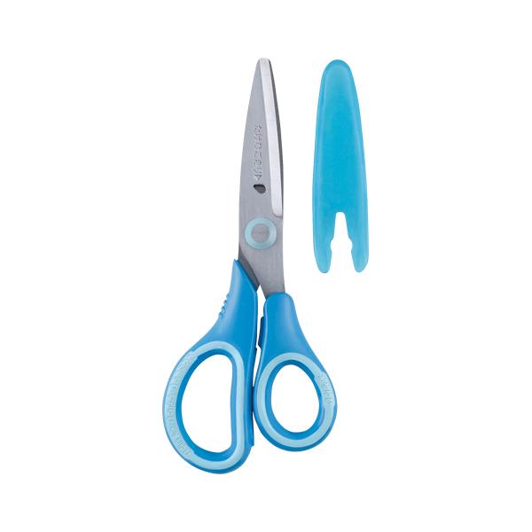 コドモハサミ　右手用　ブルー ●仕様：右手用●全長：１３８ｍｍ●刃渡り：５５ｍｍ●材質：本体＝ステンレス鋼／ＰＰ樹脂／エラストマー樹脂，キャップ＝ＰＣ●キャップ，名前シール２枚付