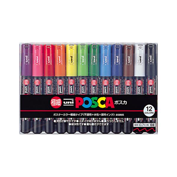 ユニ　ポスカ　極細　１２色セットPC-1M12C●仕様：１２色セット●セット内容：８色セット＋黄 緑 ，紫 ，橙 ，茶