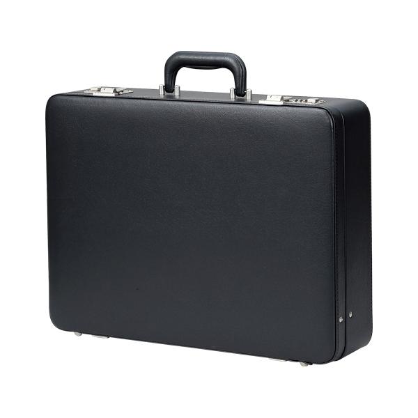 クラウンアタッシュケース　黒CR-AT312-B●外寸：縦３４０×横４６０×厚１１０ｍｍ●内寸：縦３１５×横４３５×厚１００ｍｍ●重量：２．２５ｋｇ●材質：ＰＶＣ製合成皮革●仕様：内側＝ダブルポケット，多目的２分割ポケット，ペン差し●ダイヤル錠付