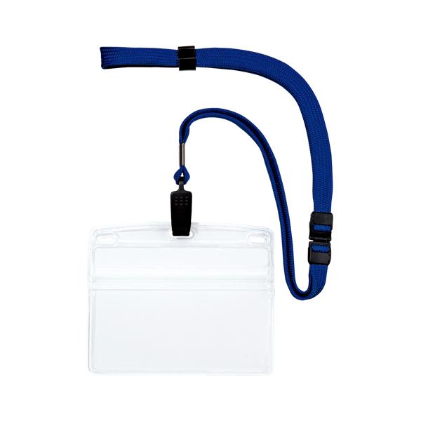 吊り下げ名札クリップ式　横特大　１枚　青 ●外寸：縦９１×横１０８ｍｍ●収容寸法：縦６９×横９７ｍｍ●ストラップ長：９０ｃｍ●ストラップ幅：約１０ｍｍ●材質：ケース＝再生ポリオレフィン，ストラップ＝再生ＰＥＴ，クリップ＝ＰＣ