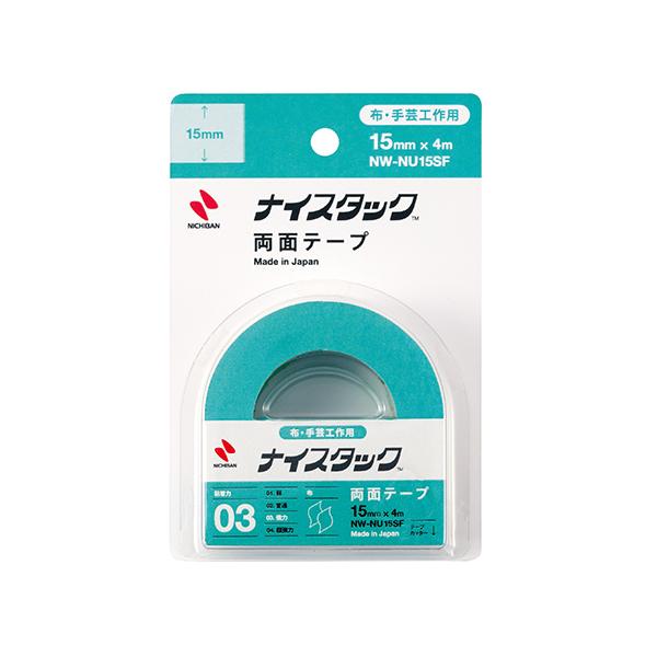ナイスタックＲ布に使える強力両面 テープ●寸法：幅１５ｍｍ×長４ｍ●テープ厚：０．１５ｍｍ●用途：布，紙，プラスチック，木材用●材質：基材＝不織布，巻芯＝古紙使用●カッター付