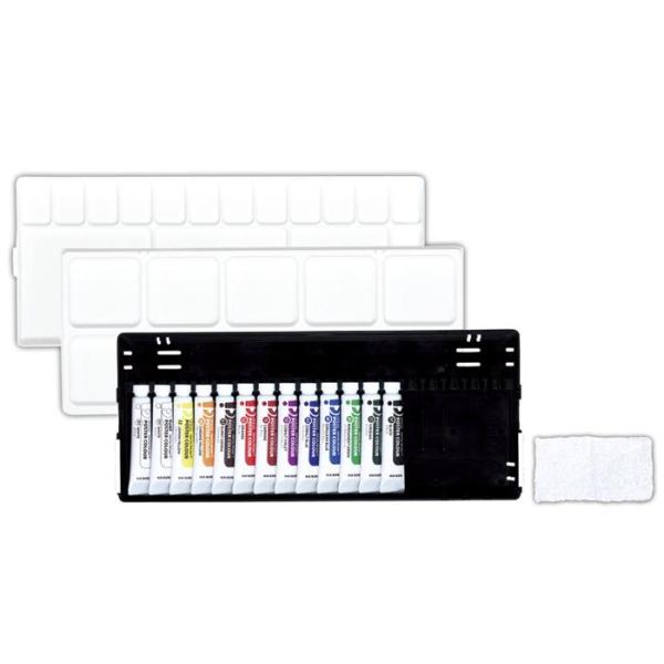 デッサン授業での必須アイテム、デッサンスケール付！ 商品サイズ142×342×37ｍｍ（収納時）セット内容12色12mlチューブ 各1本＋ホワイト12mlチューブ1本 パレット2枚、ミニタオル、混色表付 ※30cm定規がセットできます。