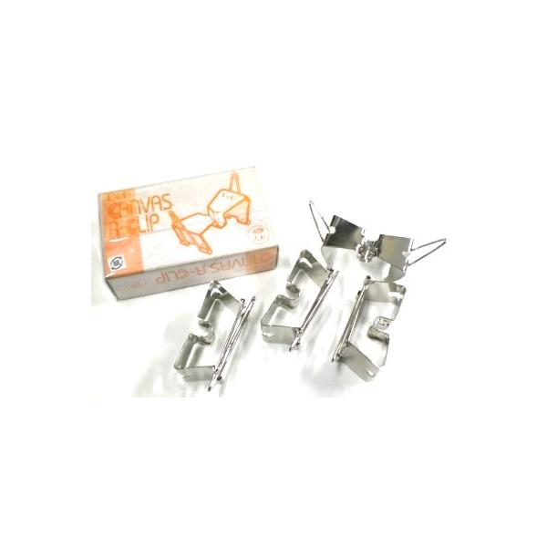 絵画用キャンバスを固定するキャンバスクリップ 真鍮製 ４個組キャンバスに描かれた、乾いていない絵を運ぶ時に使用します。ダブルクリップ型で中央部に凸部があります。凸部が、向い合わせの２枚のキャンバスに約１cmの空間をつくり固定します乾いていな...