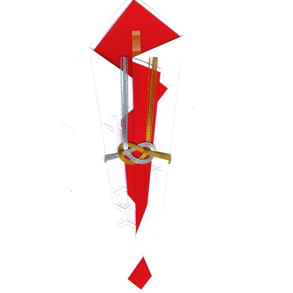 結納飾りの長熨斗は、広く大きいのしあわびが由来金封の右上にあるのと同じで長生き・不死の象徴とされています。昭和の時代、お祝いに目録を持参した時には添えられました。寸法：長さ ２７５ミリ　幅 ８５ミリ