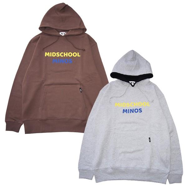 MINOS　ミノスMID SCHOOLのポップなグラフィックのプルオーバーパーカー！裏パイル地カラー：BROWN、GRAY-サイズ参考-Ｍ　着丈66cm身幅55cmＬ　着丈70cm身幅59cmXL　着丈75cm身幅63cm