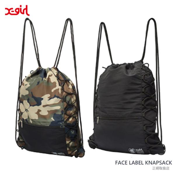 XGIRL エックスガール 105262053001FACE LABEL KNAPSACKフェイスラベルナップサックバッグ ナップサック サブバッグ黒 カモ 迷彩柄大人 レディースストリート カジュアル ブランドフェス レジャー ジムバッグ...