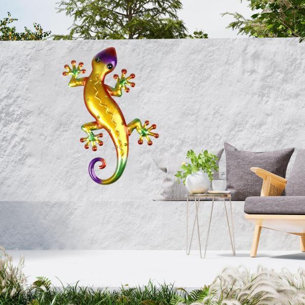 説明:Wall Sculpture Gecko Decor:生き生きとした目.カラフルなバックペイント.非常に鮮やかでドラマチックなシーンを庭にもたらす素敵な手足を備えた半手作りの彫刻.クライミングウォールの装飾:このカラフルなヤモリのペン...