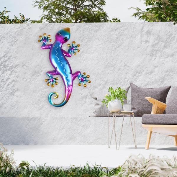 説明:Wall Sculpture Gecko Decor:生き生きとした目.カラフルなバックペイント.非常に鮮やかでドラマチックなシーンを庭にもたらす素敵な手足を備えた半手作りの彫刻.クライミングウォールの装飾:このカラフルなヤモリのペン...