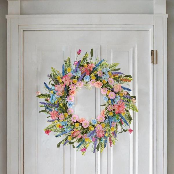 説明:[春のテーマ]春のリースは.美しく模造された様々な色の花で.生き生きとしており.暖かいお祭りの雰囲気を作り出します. [優れた職人技]PP素材で作られたカラフルな造花と緑の葉で飾られた手作りの春のリースの玄関飾り. [ウェルカムドアサ...