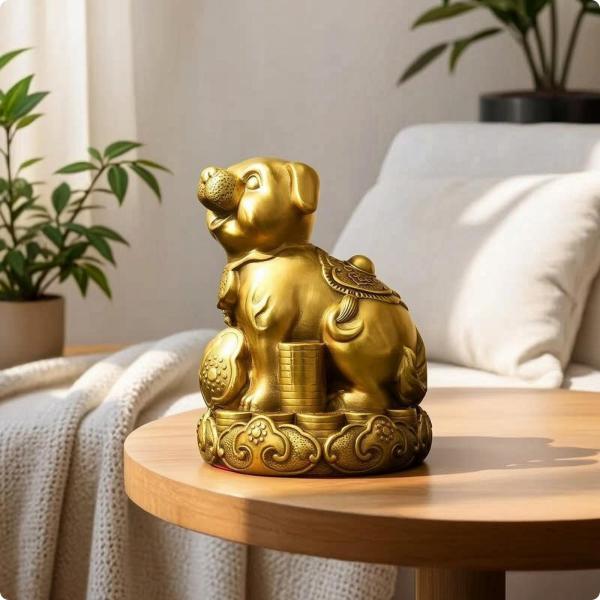 【商品概要】: 伝統的な美しさを放つ蓮の台座付き犬の彫刻は、細部まで丁寧に作り込まれた格調高い金属工芸品です。【素材と質感】: 輝きを放つゴールドトーンの銅を採用し、滑らかで丸みを帯びたフォルムが美しい犬の置物です。【デザインの特徴】: 細...
