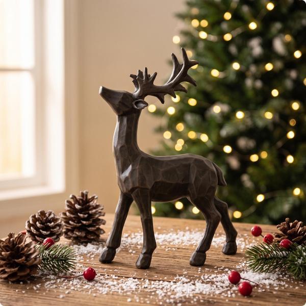 【基素材報】: 落ち着いたブラウンカラーで仕上げられた、温かみのある樹脂製の鹿の置物です。【デザイン】: 細部まで丁寧に表現された角や耳、引き締まった脚のラインが美しいトナカイの置物です。【サイズ感】: 高さ約22cm、奥行き約5cmのスリ...