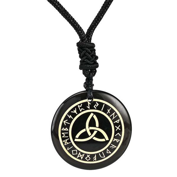 説明:ユニークなデザイン: 丸い形のトリケトラ ネックレス.ケルトのトリケトラ ノットとルーン文字が刻印されています.繊細で特別です.直径: 30mm.厚さ: 7mm.男性にも女性にもお使いいただけます.調節可能なロープ:黒いロープスリップ...