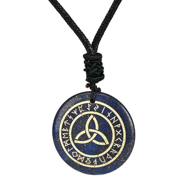 説明:ユニークなデザイン: 丸い形のトリケトラ ネックレス.ケルトのトリケトラ ノットとルーン文字が刻印されています.繊細で特別です.直径: 30mm.厚さ: 7mm.男性にも女性にもお使いいただけます.調節可能なロープ:黒いロープスリップ...