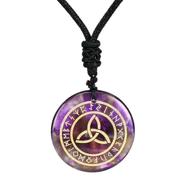 説明:ユニークなデザイン: 丸い形のトリケトラ ネックレス.ケルトのトリケトラ ノットとルーン文字が刻印されています.繊細で特別です.直径: 30mm.厚さ: 7mm.男性にも女性にもお使いいただけます.調節可能なロープ:黒いロープスリップ...