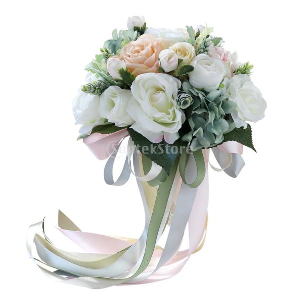 説明:素材：人工シルク＆リボンこの花束は、人工シルク、高品質のデザインの結婚式の装飾で作られた。 あなたの結婚式のテーマに合わせて、エレガントなバラの花をリボンで付けることができます。 花嫁や花嫁介添人、新郎や新婦、両親や花の女の子に最適で...